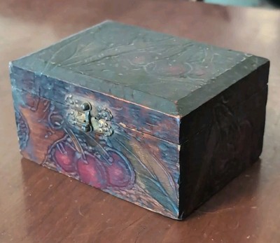 Antique Sewing Box Pyrography Wood Cherries Flemish Art Style Fitted ...