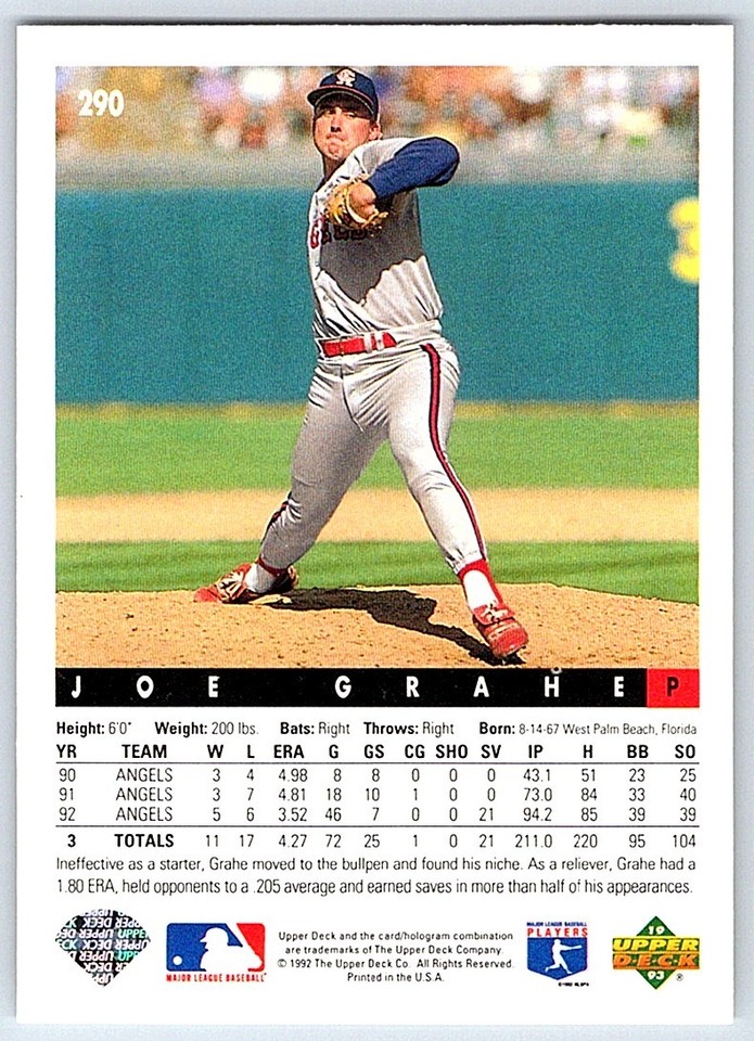 1993 Upper Deck Joe Grahe California Angels #290 | eBay UK