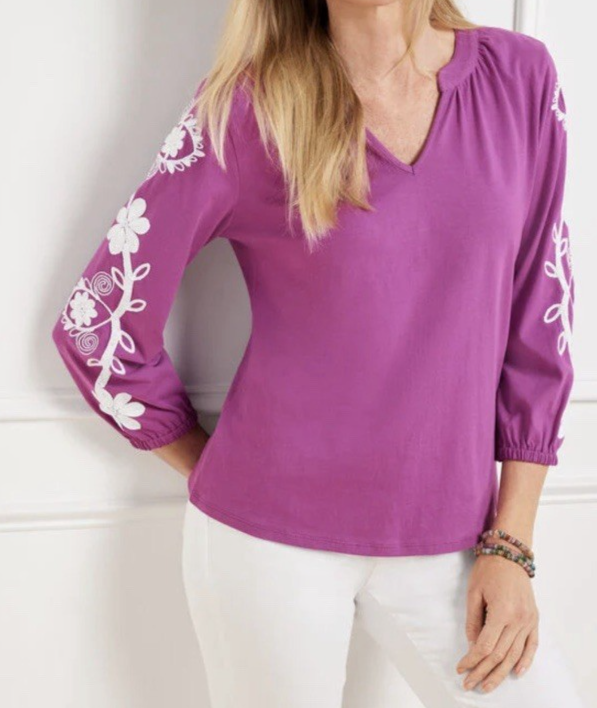 NWT NEW SUMMER TALBOTS SZ MEDIUM SPLIT NECK EMBROIDERED TEE VIOLET ...