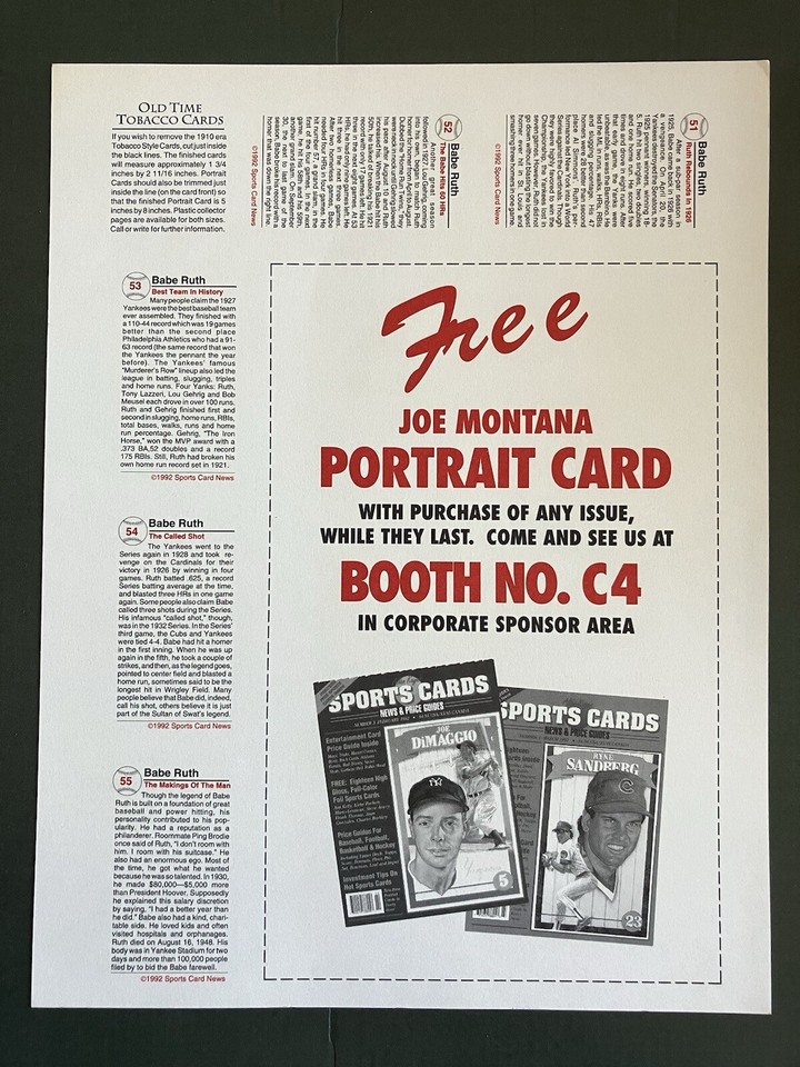 Babe Ruth 1992 Sports Card News Mag. Tobacco Card Reprints #51-55 Uncut ...