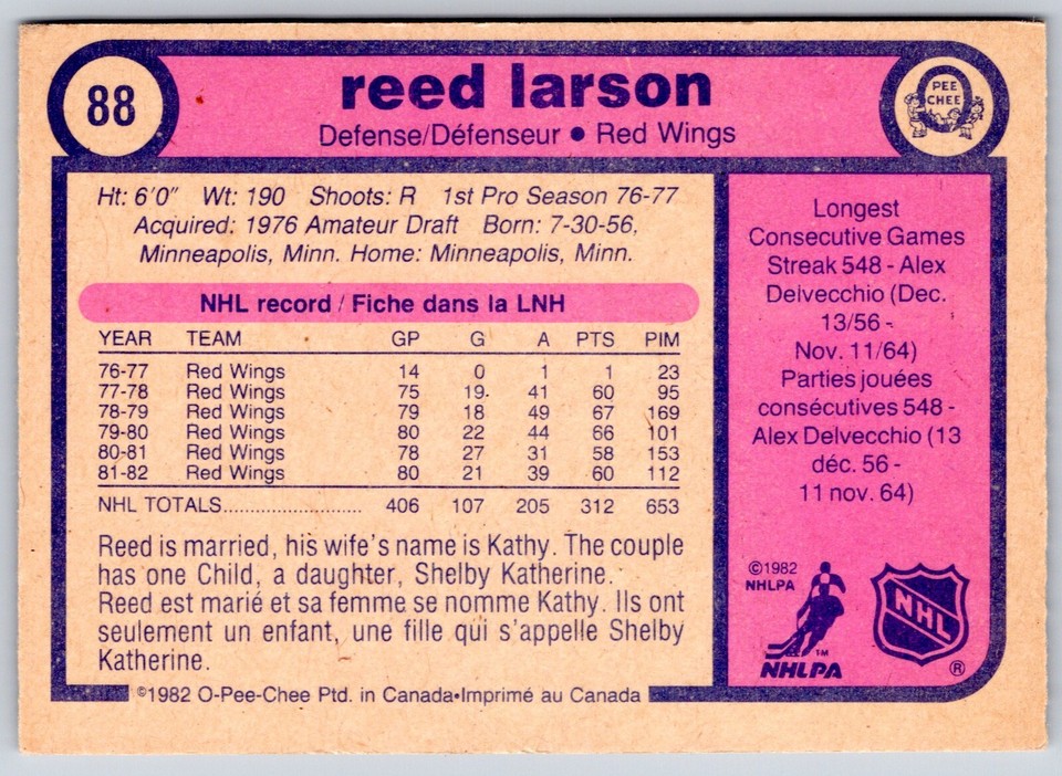 REED LARSON 1982-83 O-PEE-CHEE 82-83 NO 88 NRMINT+ 38322 | eBay