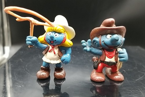 Smurfs Cowboy & Smurf Cowgirl Smurfette PVC Figurines Lot (2) Rare Toy ...