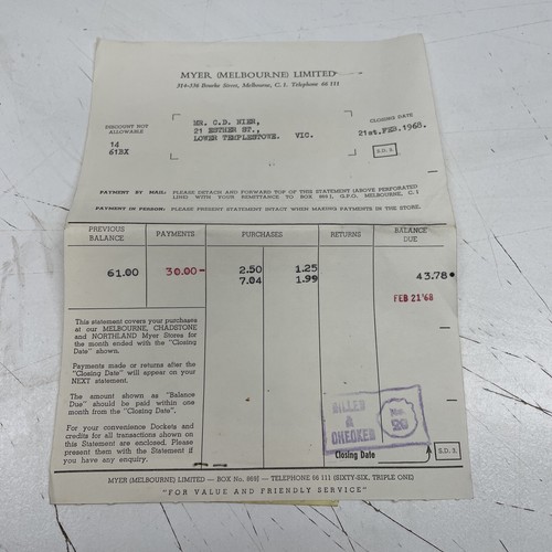 VINTAGE ORIGINAL Myer Department Store Receipt Melbourne 1968 Retro ...