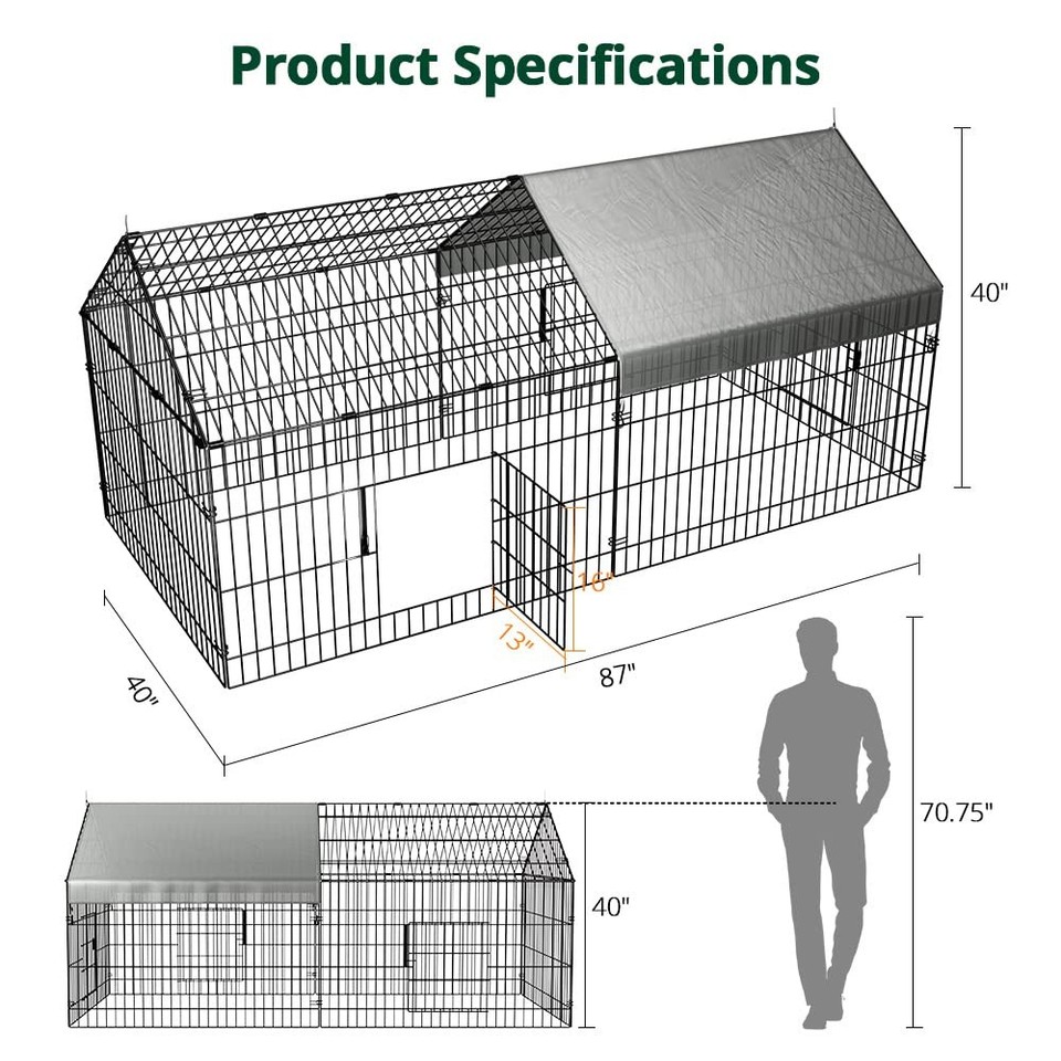 Chicken Coop 86"×40" Chicken Run Pen for Yard with Cover Outdoor Metal ...
