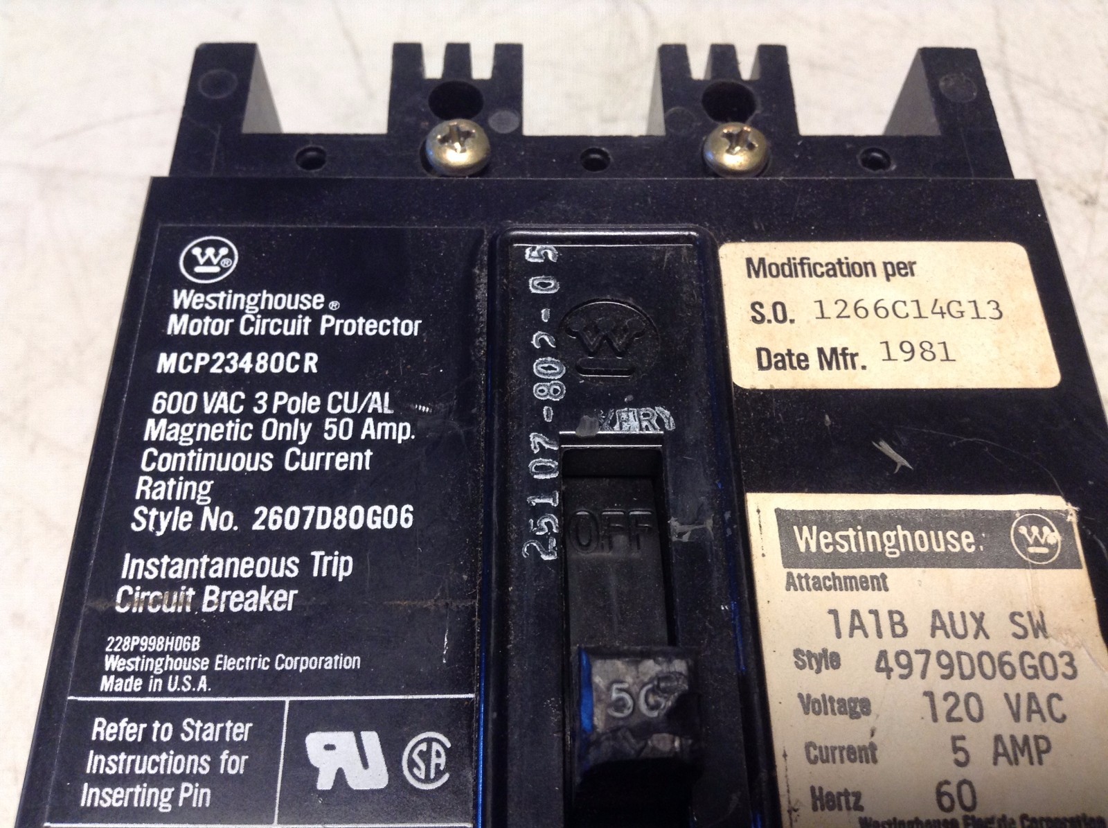 Westinghouse MCP23480CR 50 Amp 600 VAC 3 Pole Circuit Breaker 1A1B w ...