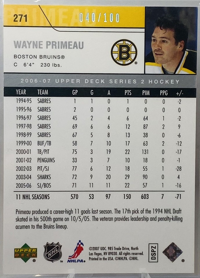 2006-07 Upper Deck UD Exclusives 271 Wayne Primeau #'d /100 Boston ...