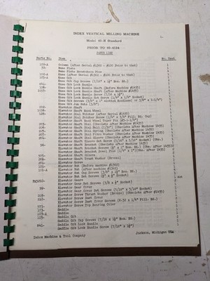 INDEX MACHINE TOOL COMPANY 40-H MODEL MILLING MACHINE OPERATOR MANUAL ...