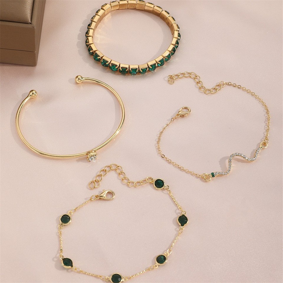 4pcs Bracelet Suit Fashion Green Grandmother Diamond Stretch Bracelet ...