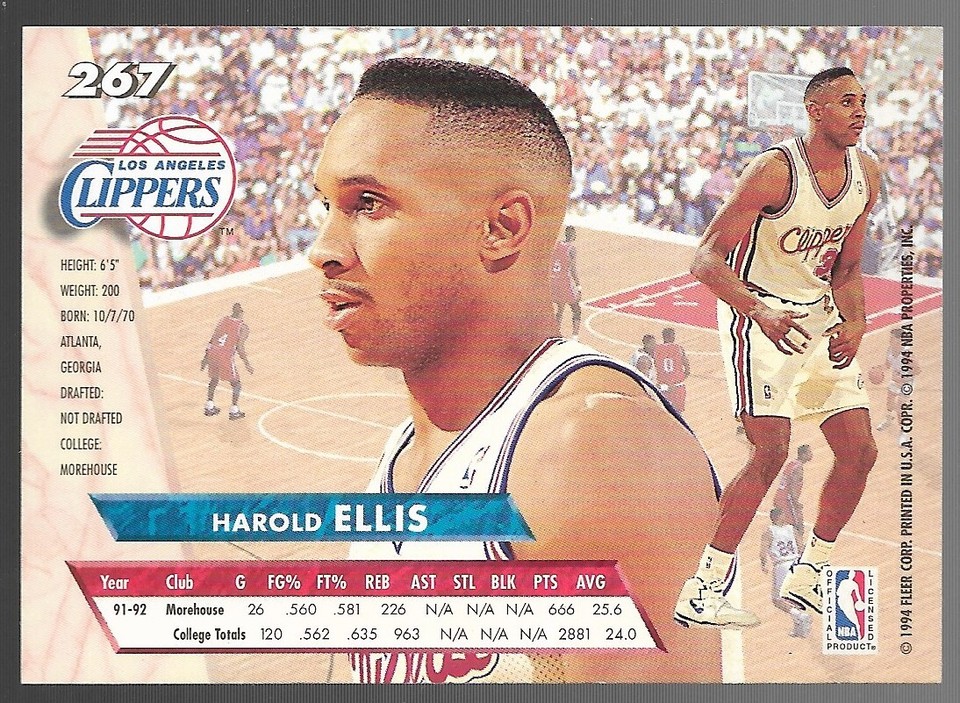 1993 1994 Fleer Ultra Harold Ellis Rookie Free Agent 267 Los Angeles Clippers | eBay