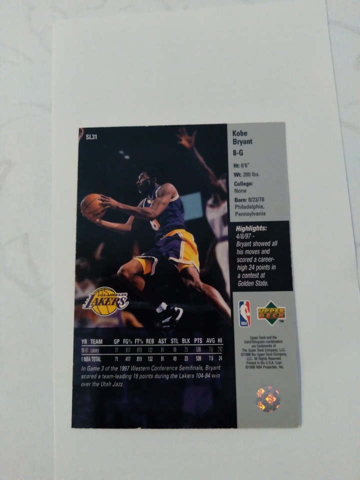 KOBE BRYANT 1998 Kenner Starting Lineup SLU Upper Deck Card #SL31 | eBay