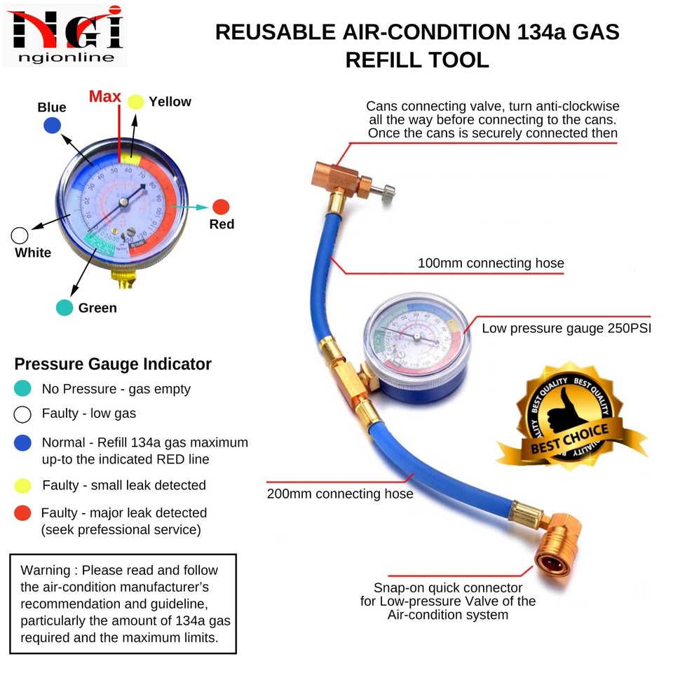 CAR AUTO A/C AIR CONDITION R134a REFRIGERANT REFIL REGAS HOSE KIT GAUGE ...