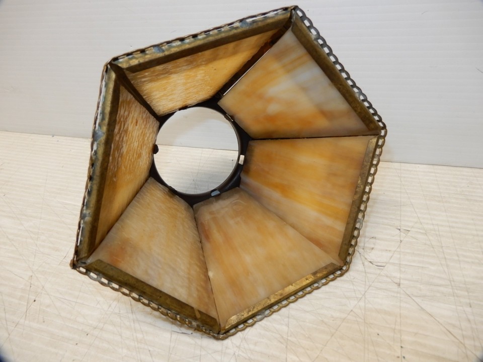 ANTIQUE SLAG GLASS AND BRASS GREEK KEY FORM LAMP SHADE | eBay