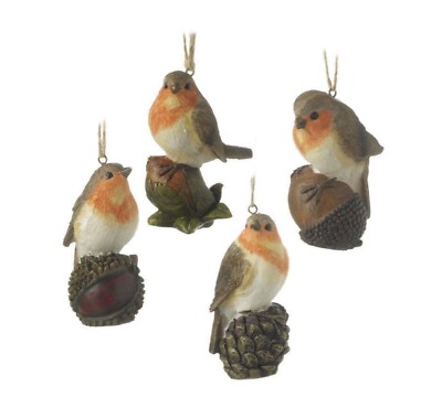 Robins Set Of 4 Sitting on Nuts Robin Hanging Ornament Decoration | eBay UK