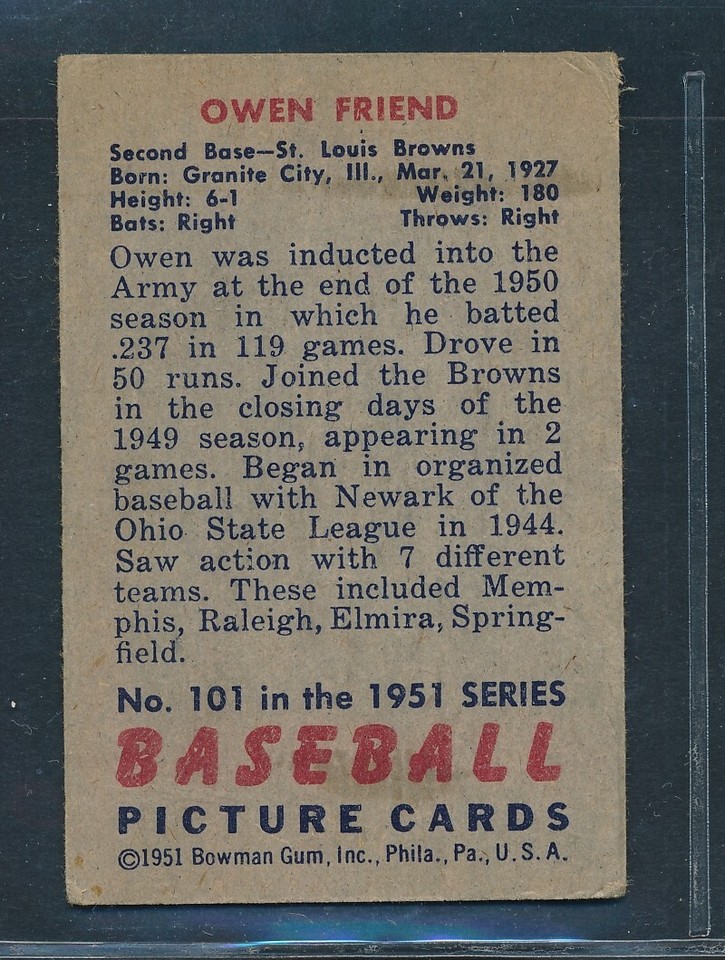 1951 Bowman #101: OWEN FRIEND "St. Louis Browns" ~ Good | eBay