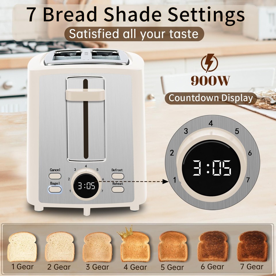 Toaster 2 Slice, Bread Toaster with LCD Display, 7 Shade Settings, 1.4 ...