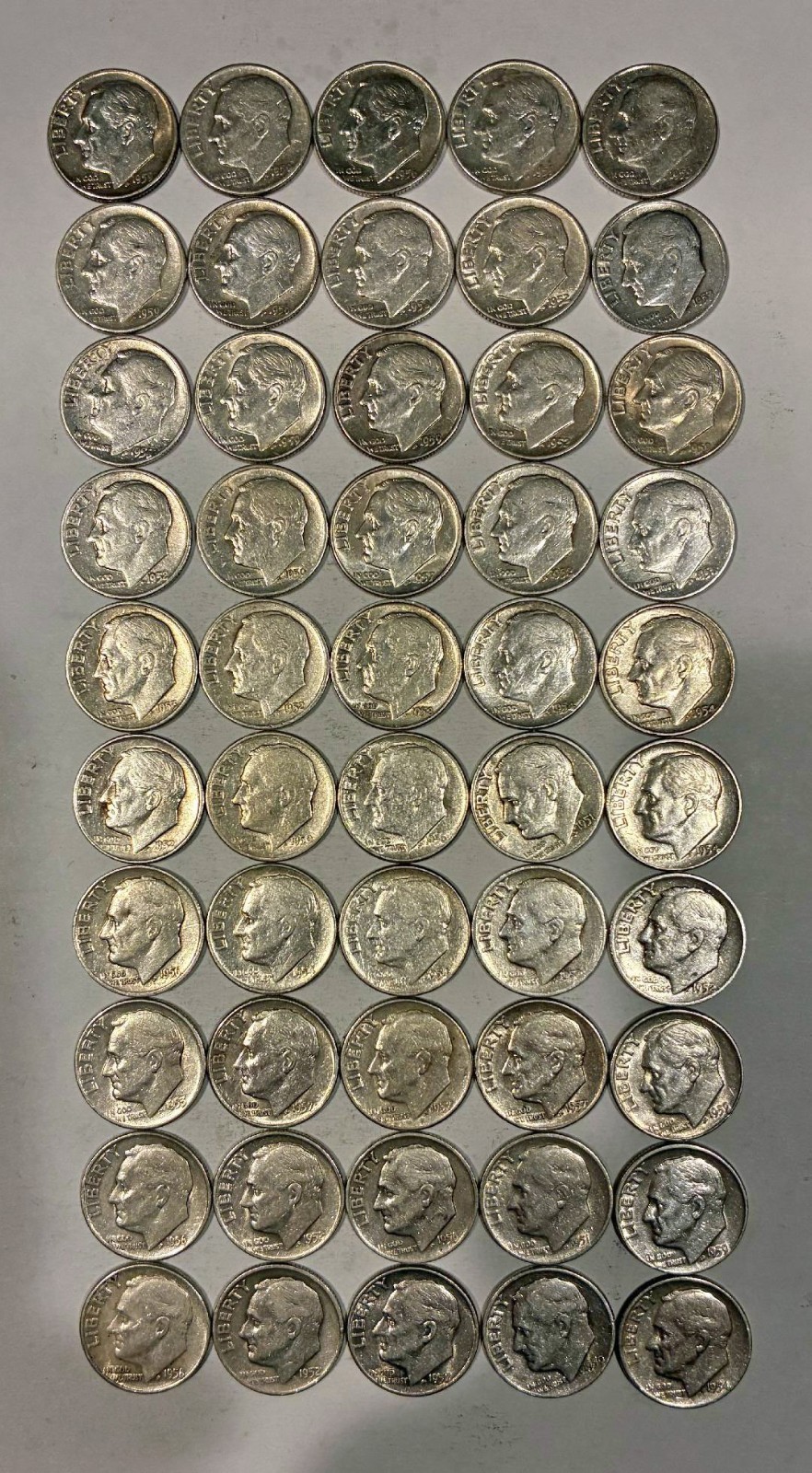 Lot of 50 90% silver circulated 1950's Roosevelt dimes $5.00 face value ...
