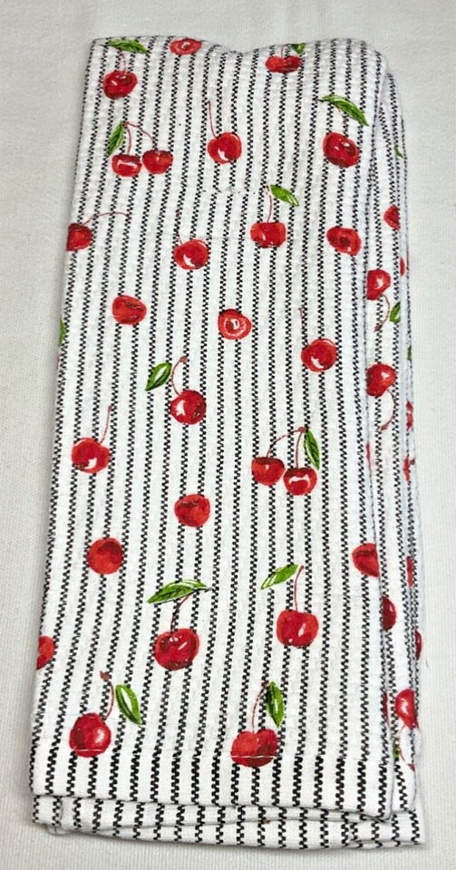 KITCHENAID KITCHEN TOWELS (2) CHERRIES BLACK STRIPES 16 X 28 100% ...