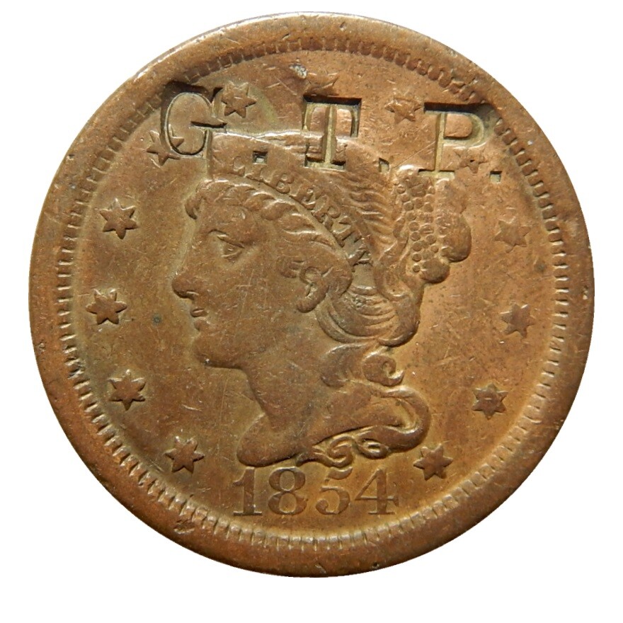 Large cent/penny counterstamped 1854 higher grade with rotated reverse ...
