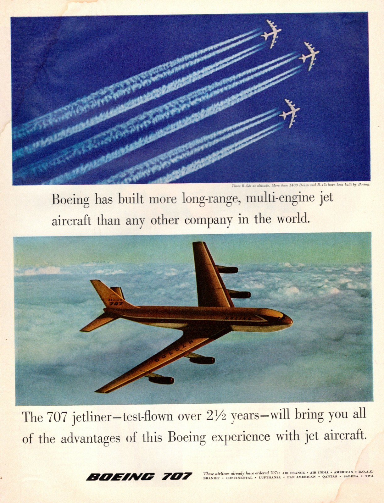 1957 vintage air travel AD BOEING 707 Test Flights First Jet airliner ...