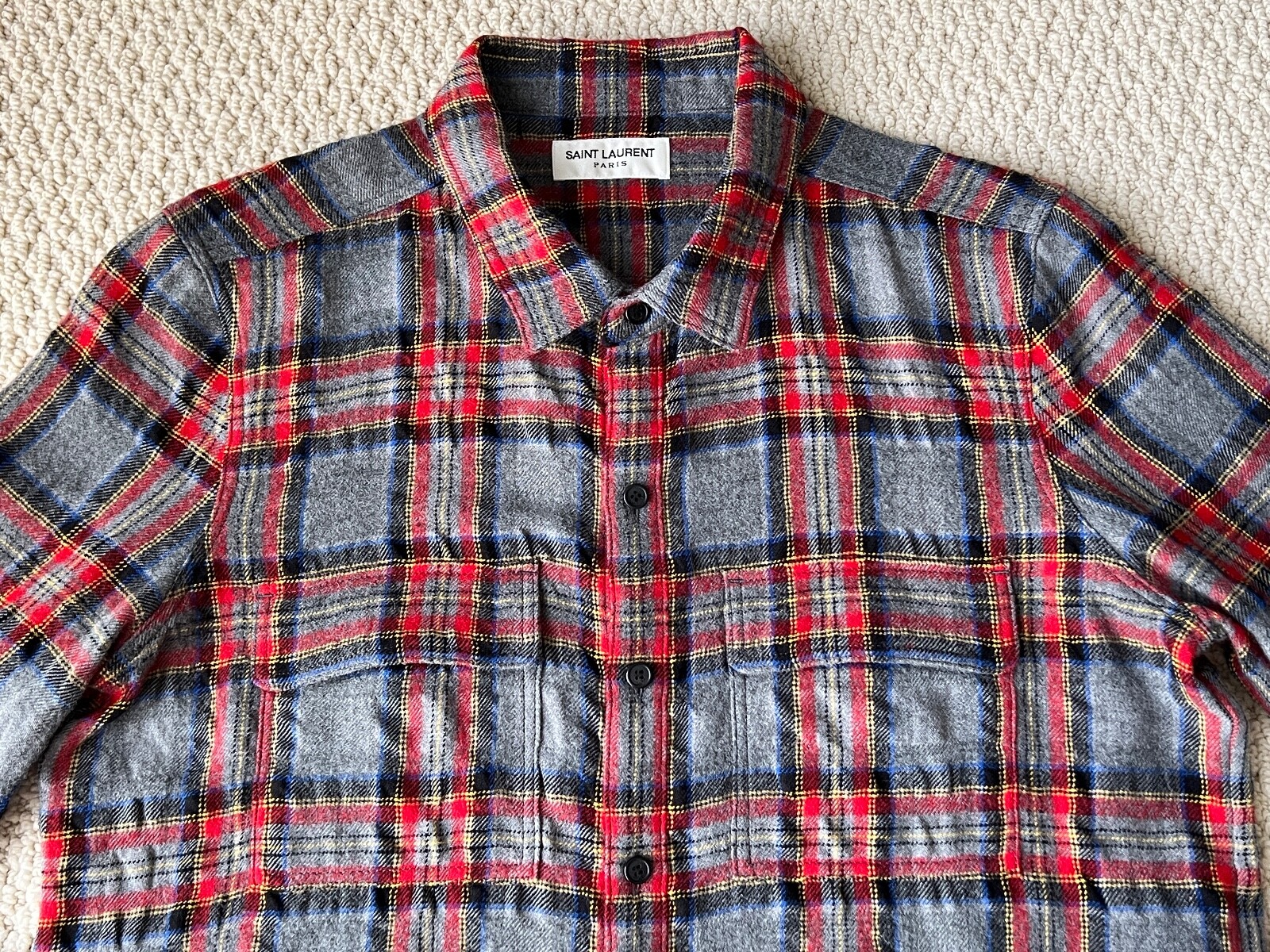 New Saint Laurent YSL Gray Red Check Print Western Crop Flannel Shirt ...