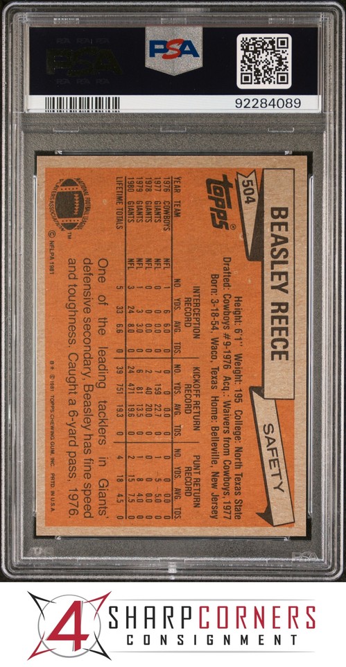 1981 TOPPS #504 BEASLEY REECE GIANTS PSA 9 F4078361-089 | eBay