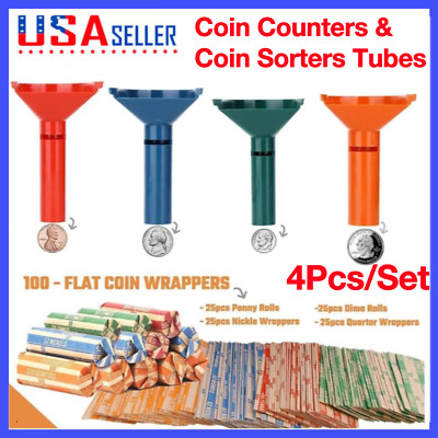 4Pc Coin Counters & Coin Sorters Tubes Bundle of 4 Color-Coded Assorted ...
