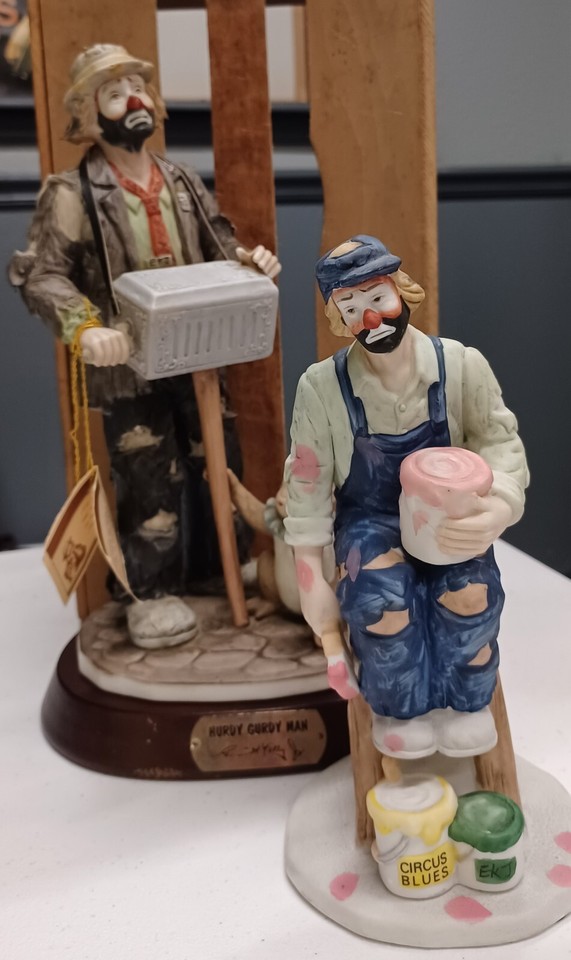 2 Emmett Kelly Jr. Flambro Hurdy Gurdy Man Clown Monkey 1989 And ...