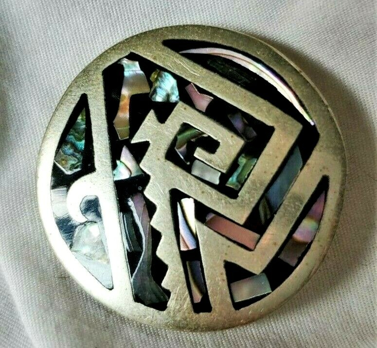 Mexico Silver Inlaid Abalone PIN PENDANT Shell Round Alpaca Aztec ...