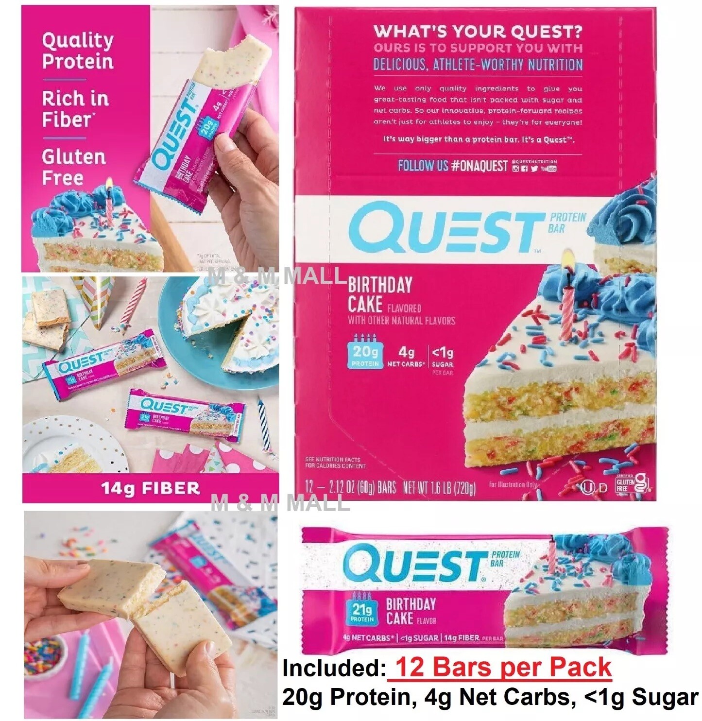 Quest Protein Bar, Birthday Cake, 21g Protein, 12Ct Keto Friendly ...