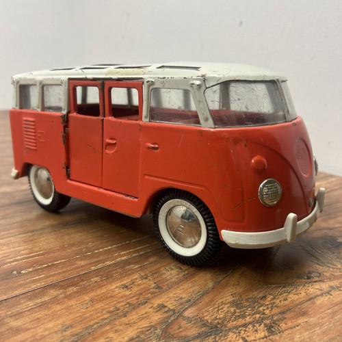 1960s BUDDY L VW BUS Van WHITE AND Coral ORANGE Pressed Steel Plastic ...