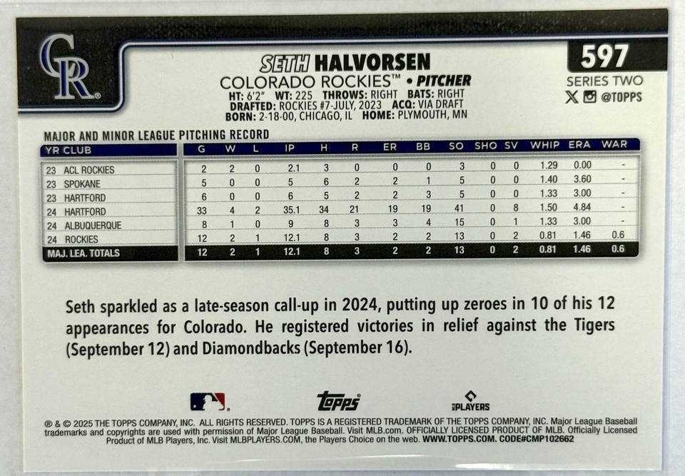 SETH HALVORSEN 2025 Topps Series 2 Rainbow Foil #597 RC Colorado ...