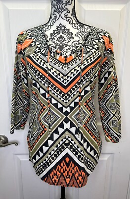 Chicos Women's Aztec Tunic Top Size 0 US 4 V-Neck Tie-Front Green ...