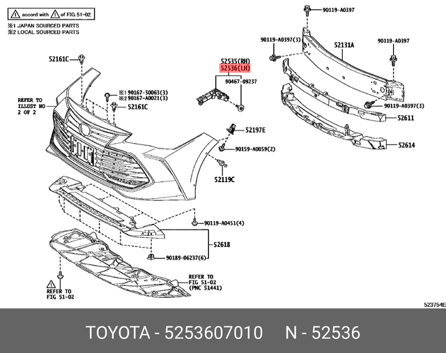 Genuine OE retainer front bumper side left 5253607010 for TOYOTA 52536 ...