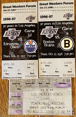 3 LOS ANGELES KINGS TICKETS VS montreal OILERS BOSTON 1996-97 SEASON ...