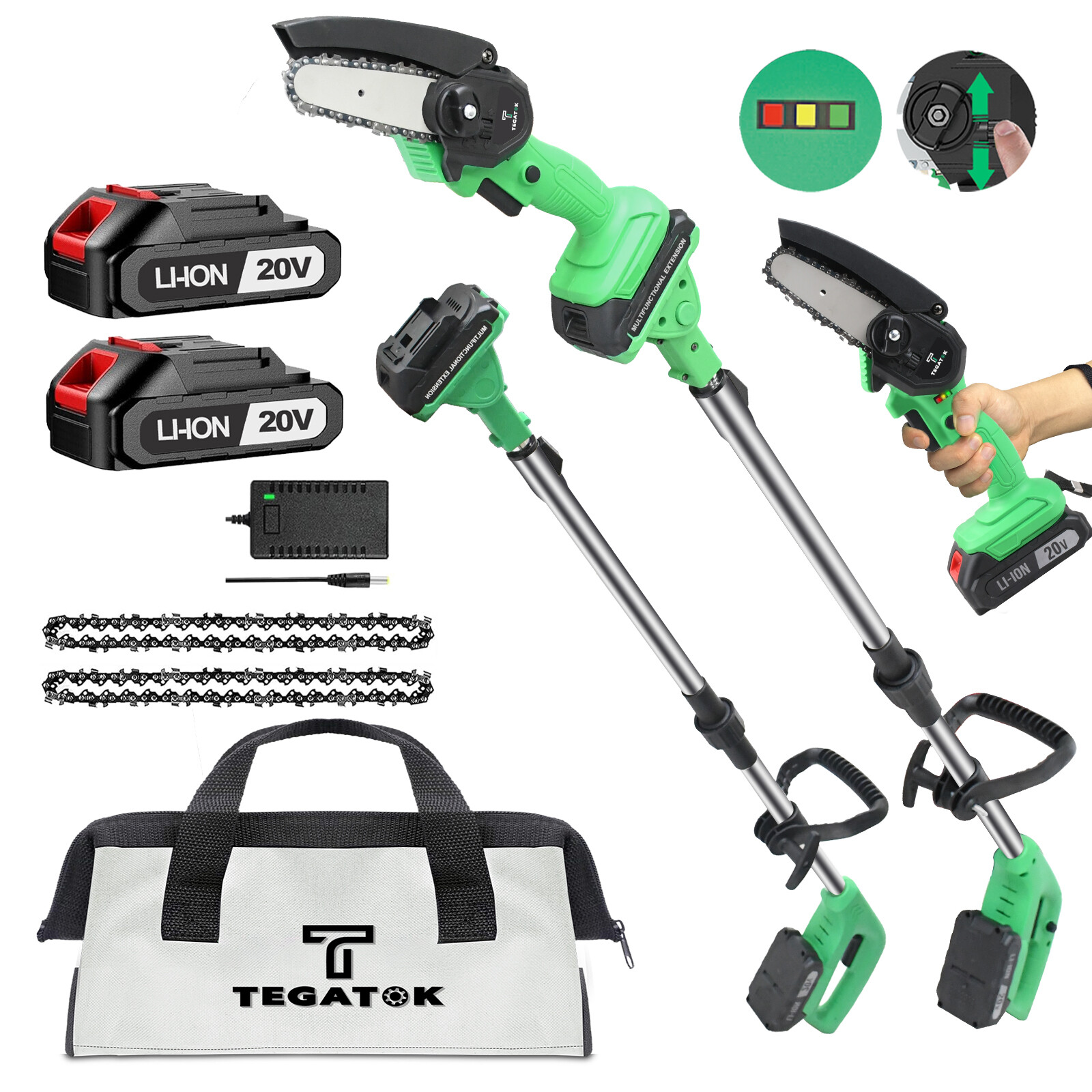 4-inch Mini Chain Saw with 2 Extra Chains,2-in-1 Cordless Pole Saw Bar ...