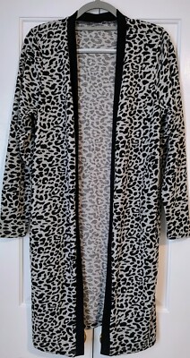 Women's Sz M Animal Print Long Open Cardigan Sweater Duster Jacket Side ...