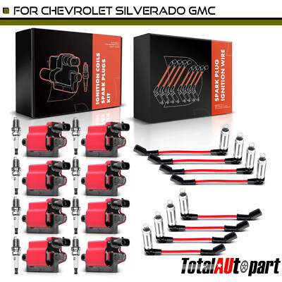 8x Red Square Ignition Coil & Spark Plug Wire Kits for GM Chevy ...