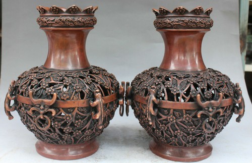 10" Marked Dynasty Red Copper Lion Beast Plum Blossom Flower Vase ...