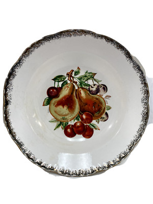 ESCO Japan BOWL~9"~Gold Rim ~Salad Soup~Fruit Pear Grape Cherry MCM ...
