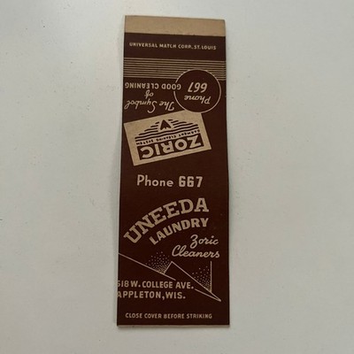 Uneeda Laundry Zoric Cleaners Appleton WI Vintage Matchbook Cover SMB17 ...