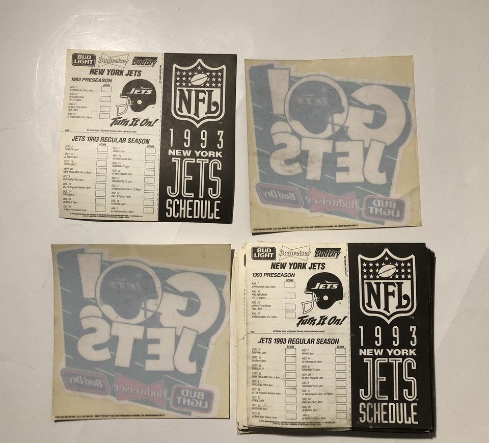 1993 NFL New York Jets Schedule w/ 6”x 6” Decal On Reverse Unused Lot ...