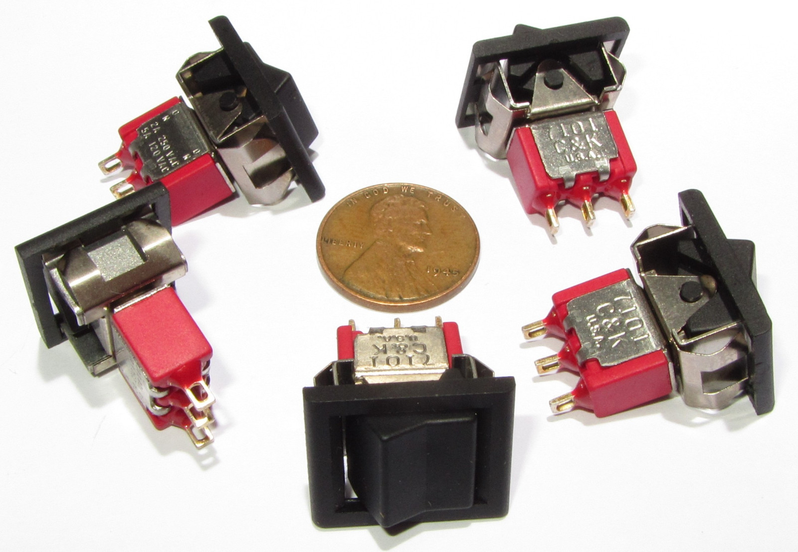 5 Pcs - C&K 7101 Rocker Switch, 125V 5A, 250V 2A, Mini Snap-In SPDT ON ...