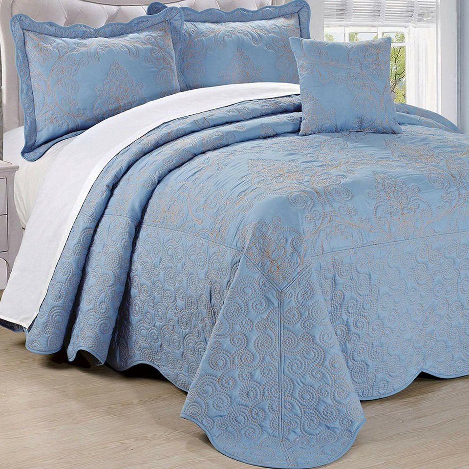 Blue Gold Embroidered 4 pc Quilt Set Coverlet Queen King Bedding Solid ...