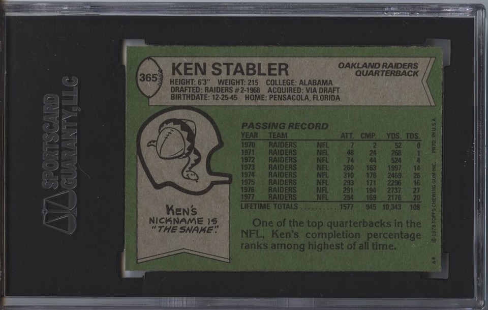 1978 TOPPS #365 KEN STABLER SGC 9 Mint RAIDERS HOF Alabama | eBay