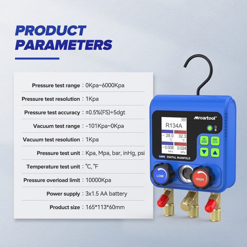 Digital AC Manifold Gauge Set with 92 Refrigerant Data Dual Pressure ...
