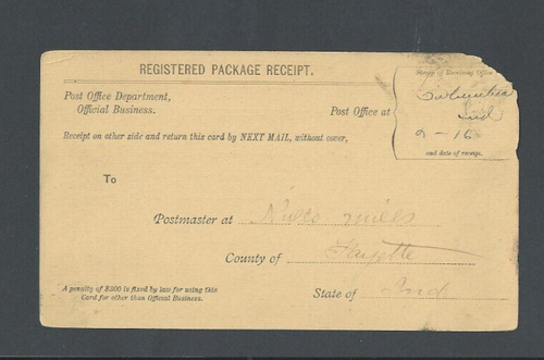 1885 Registered Package Receipt From Fayetteville Ind Postal Card | eBay
