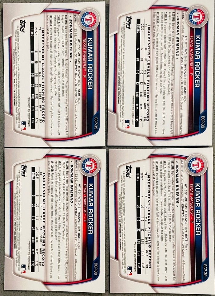 4x Lot 2023 Bowman Chrome Prospects Baseball #BCP-39 Kumar Rocker ...