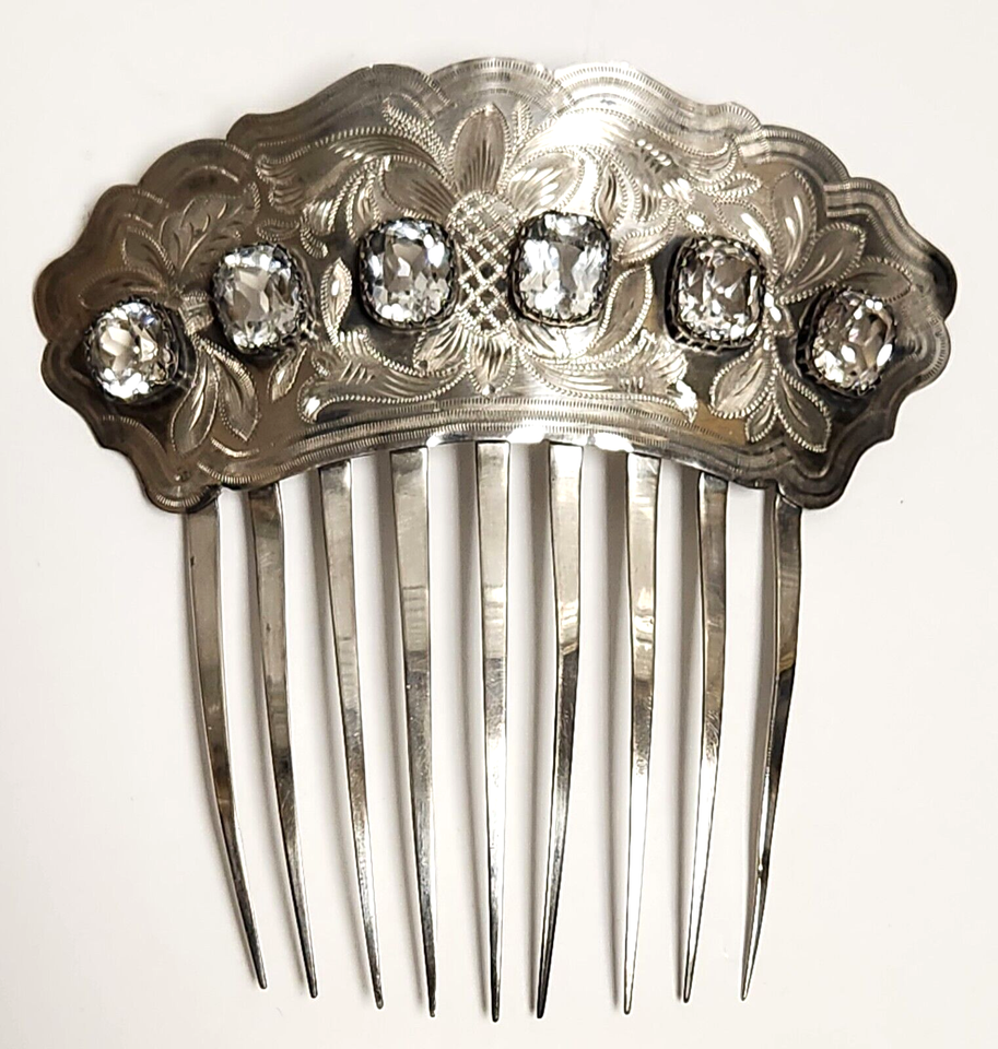 Victorian Etched Sterling Silver Hair Comb Bright Paste Crystal Jewels ...