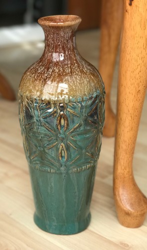 Studio Art Pottery Drip Glaze Textured Vase Turquoise & Brown 9" Tall ...
