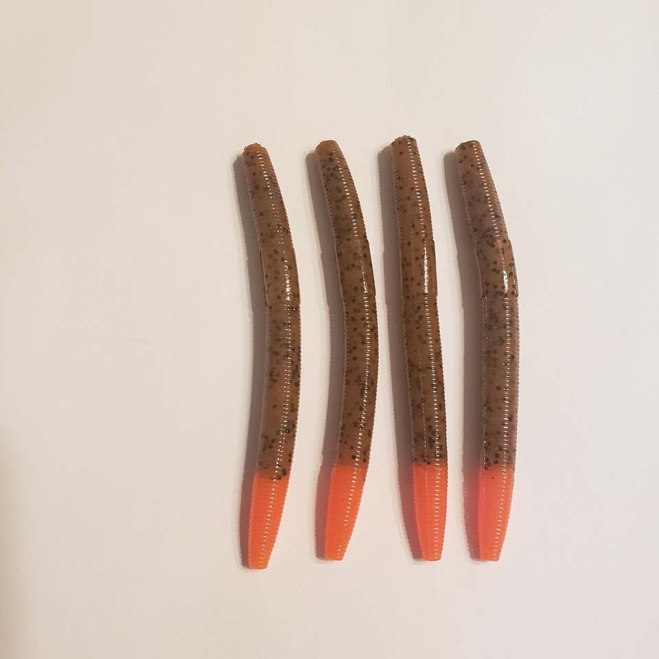 4" Stick Senko Style Pumpkinseed Orange Tail Salty Worm QTY 25 NEW RARE ...